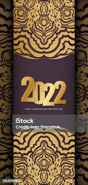 브로셔 템플릿 2022 메리 크리스마스와 빈티지 골드 패턴의 새해 복 많이 받으세요 부르고뉴 색상 원형에 대한 스톡 벡터 아트