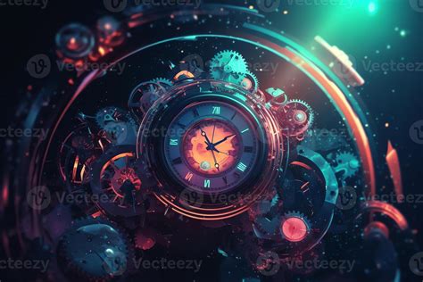 Clock And Clock Gears In Space Futuristic Abstract Background Vibrant Colors Illustration Time