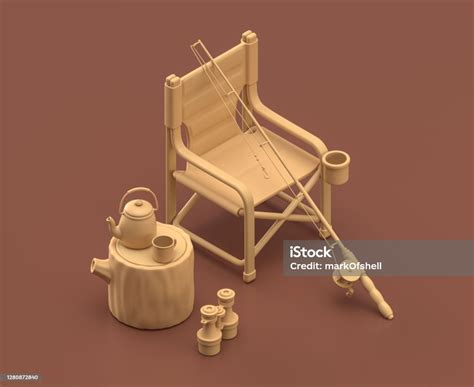 낚시 석 접이식 의자 및 낚싯대 등색 캠핑 물체 및 장면 갈색 배경에 흑백 노란색 캠핑 장비 3d 렌더링 갈색에 대한 스톡 사진