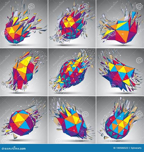 Set Of Abstract Colorful Vector Low Poly Wrecked Objects Black Stock