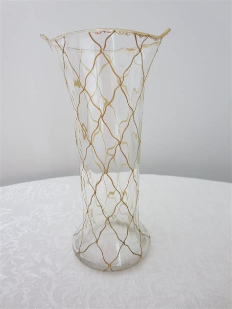 Vintage Hand Blown Clear Glass Vase With Gold Criss Cross Etsy