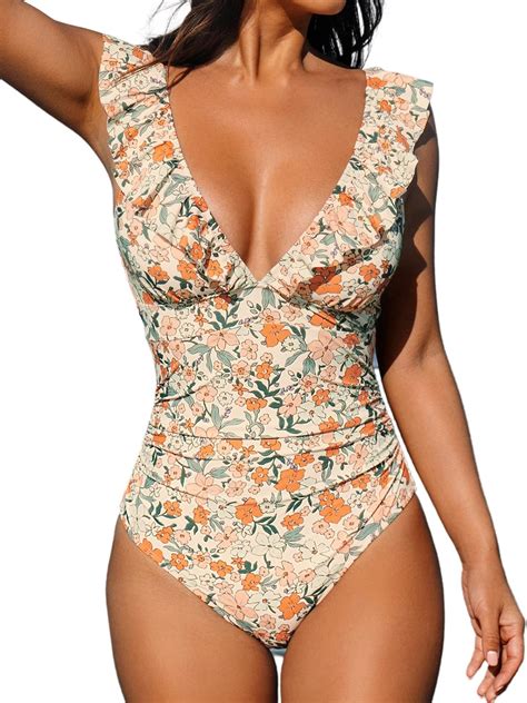 CUPSHE Bañador para Mujer Volante Cuello en V Fruncido Traje de Baño de Una Pieza Amazon es Moda
