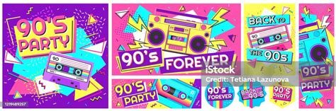 복고풍 90 년대 음악 파티 포스터입니다 90 년대로 돌아 영원히 배너와 복고풍 펑키 팝 라디오 배지 벡터 일러스트 세트 1990 1999 년에 대한 스톡 벡터 아트 및