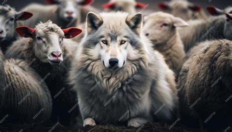 Un Lobo Con Piel De Oveja Escondido Entre Un Rebaño De Ovejas Foto