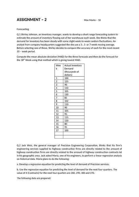assignment 2 om assignment 2 max marks 10 forecasting q shirley
