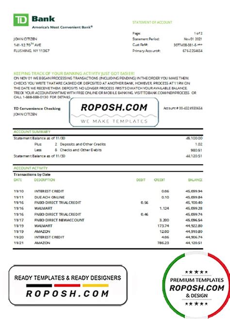 Usa Td Bank Statement Template In Xls And Pdf File Format Roposh