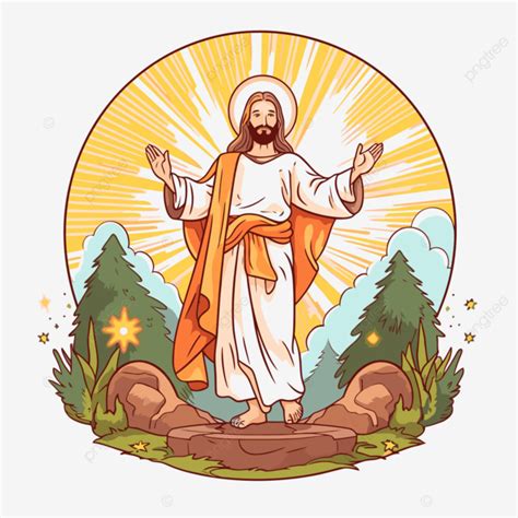 Jesus Risen Vector Sticker Clipart Jesus Stands Around A Sunrise On A White Background Cartoon