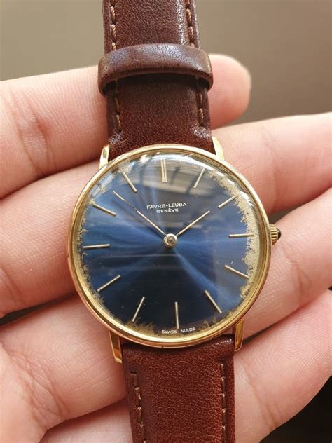 Rare Serviced Vintage Favre Leuba Geneve Blue Sunburst Dress Watch