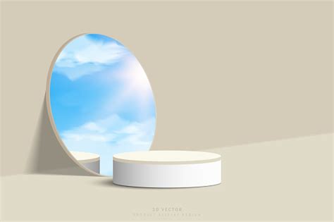 3d 화이트 크림 연단 디스플레이 실린더 받침대 또는 구름 하늘 및 태양이 벽에 기대는 원형 거울 유리에 있는 진열장을 위한 단계 모형 또는 제품 프레젠테이션을 위한 야외