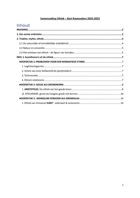 Korte Samenvatting Ethiek Tot Kant Inhoud Samenvatting Ethiek