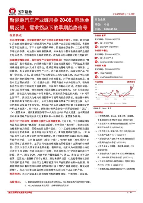 新能源汽车产业链月参：电池金属反弹，需求拐点下的早期趋势信号