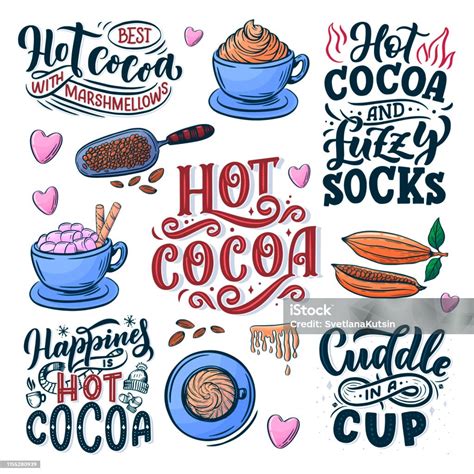 코코아 마쉬 멜 로우 컵으로 뜨거운 코코아 손 글자 세트 손으로 그린 카페 바 레스토랑에 대 한 크리스마스 표지판 핫 초콜릿에