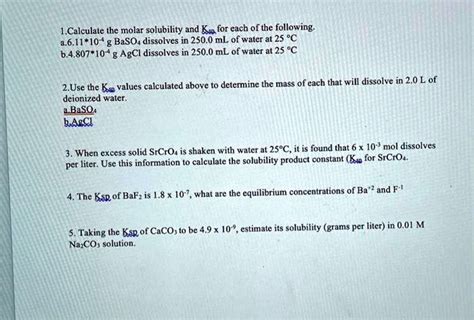 Solved Calculate The Molar Solubility And Ka For Each Of The Following 1 3 6 10 11 Mol