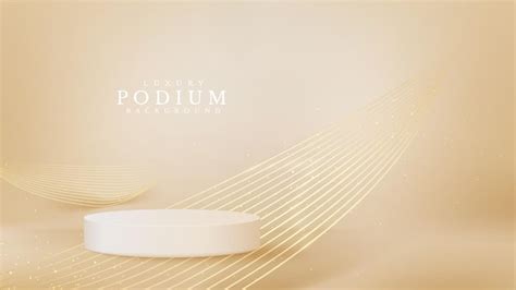 뒷면에 선 황금 물결이 있는 현실적인 흰색 제품 연단 쇼케이스 럭셔리 3d 스타일 배경 개념입니다 판매 및 마케팅을 홍보하기 위한 벡터 그림입니다 프리미엄 벡터