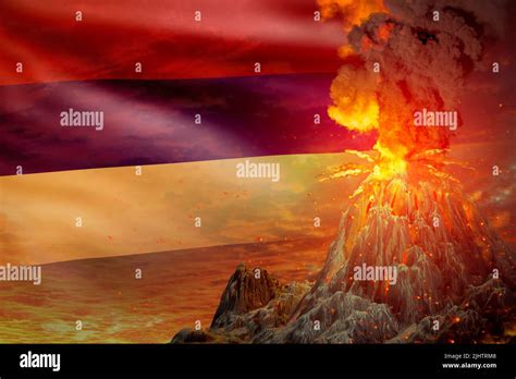 Stratovolcano Eruption At Night With Explosion On Mauritius Flag Background Suffer From