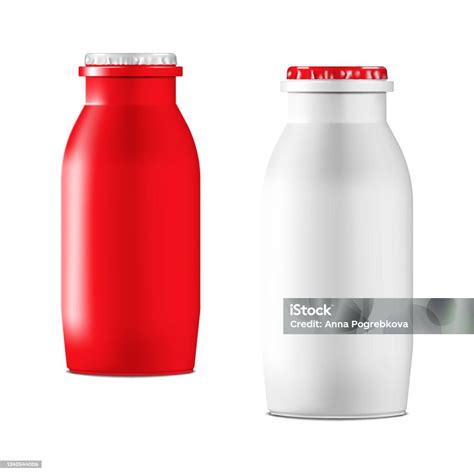 흰색 배경에 격리 된 호일 뚜껑이있는 빈 요구르트 병 사실적인 벡터 모형 우유 요구르트 유제품 패키지 모형 디자인용 템플릿입니다 재색하기 쉬운 병에 대한 스톡 벡터 아트 및