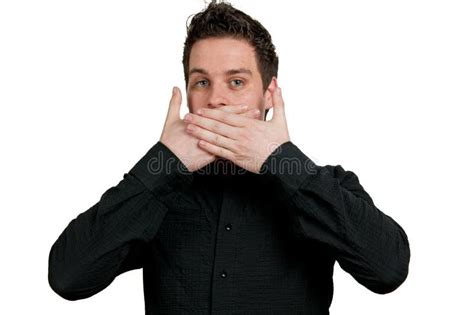 Lhomme Avec Remet Sa Bouche Image Stock Image Du Regard Témoin