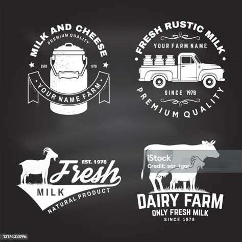 낙농 칠판에 신선한 우유 배지 로고만 있습니다 벡터 소 염소 실루엣을 가진 타이포그래피 디자인 유제품 및 우유 농장 사업을위한 템플릿 상점 시장 포장 및 메뉴 젖소에 대한