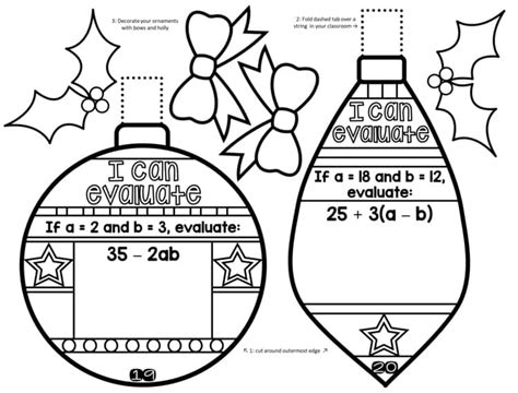 Christmas Evaluating Algebraic Expressions Holiday Math Ornaments Activity