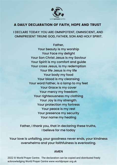 A Daily Declaration Of Faith Hope And Trust World Prayer Centre