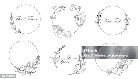 식물 원 프레임 손으로 그려진 둥근 선 테두리 잎과 꽃 결혼 초대 및 카드 로고 디자인 및 포스터 템플릿 우아한 미니멀 스타일 플로럴 벡터 리디지드 세트 꽃 식물에 대한
