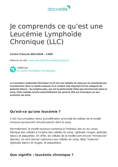 Je comprends ce qu est une Leucémie Lymphoïde Chronique LLC