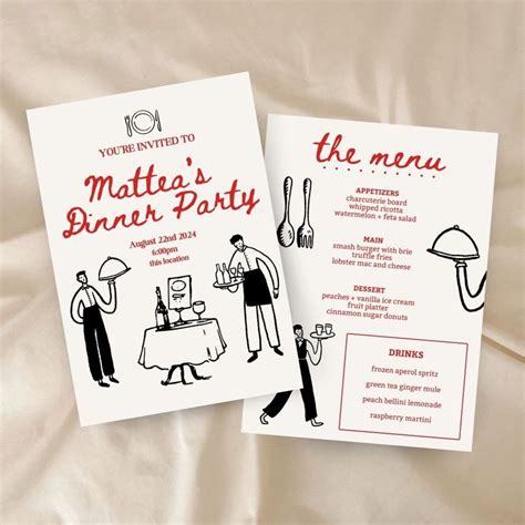 Editable Dinner Party Invitation And Menu Digital Invitation Printable Invitation Digital