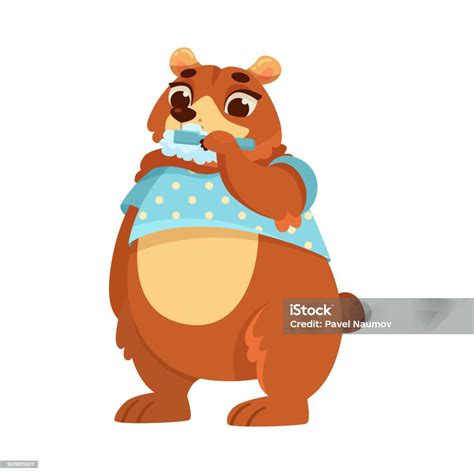 불곰 캐릭터는 페이스트로 이를 닦고 위생 규칙 벡터 일러스트레이션을 따른다 갈색에 대한 스톡 벡터 아트 및 기타 이미지 갈색