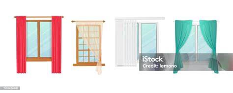 커튼과 잘루시 셔터 인테리어 디자인 요소와 윈도우를 설정합니다 패브릭 커튼이 있는 플라스틱 또는 나무 프레임 창문에 대한 스톡 벡터 아트 및 기타 이미지 Istock