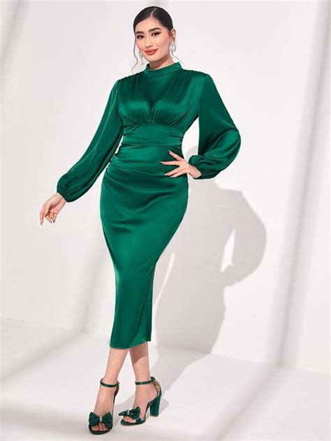 Shein Modely Mock Neck Lantern Sleeve Satin Dress Shein Eur
