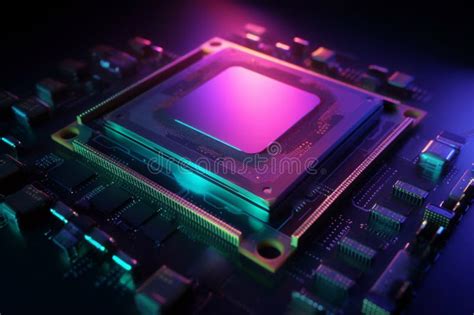 Highly Advanced Microchip Processor With A Series Of Blue And Purple Lights Illuminating Its