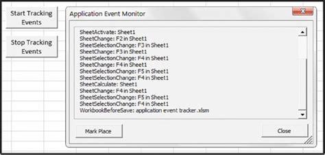 Screenshot Shows Spreadsheet With Commands Start Tracking Events And Stop Tracking Events