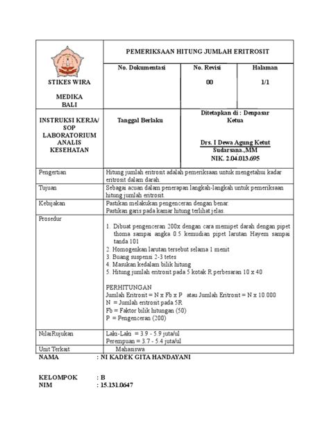 Pemeriksaan Hitung Jumlah Eritrosit Pdf