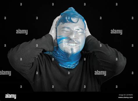 Blue Garbage Bag On Man Head Exit Bag For Suicide Self Asphyxiation