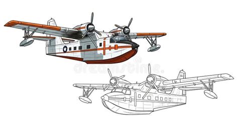 Amphibious Aircraft Coloring Page With A Pair Of Colored And Outline Versions Stock Vector