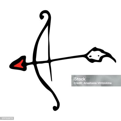 한 손은 빨간 하트 화살표와 끝에 깃털이 달린 리본 Hand 그린 낙서 블랙 윤곽 벡터 일러스트레이션으로 인쇄 인사말 카드 포스터 스티커 직물 및 계절 디자인 흰색 배경의