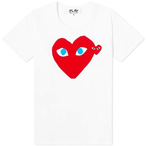 Comme Des Garçons Play Womens Double Heart Logo T Shirt In Whitered