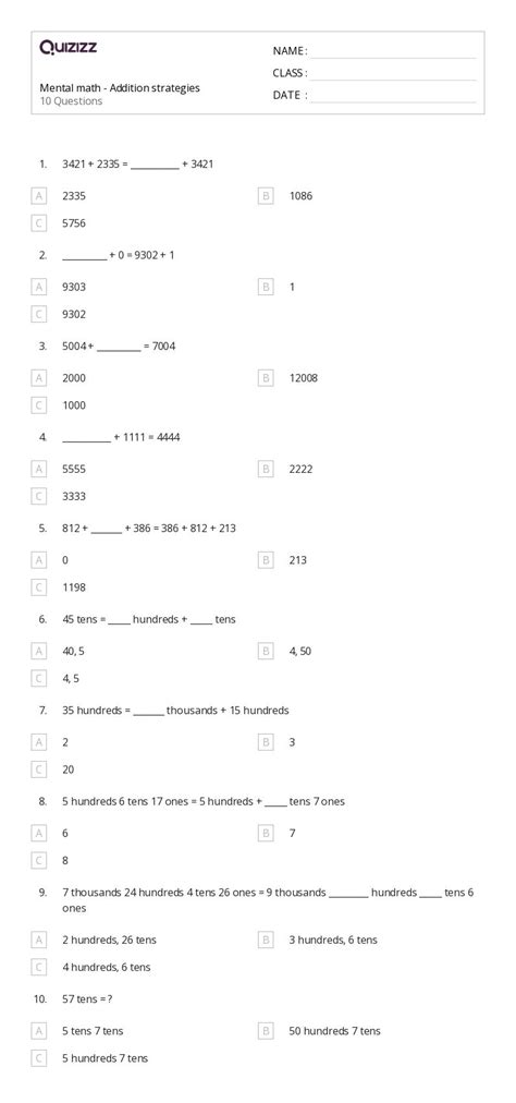 50 Addition Strategies Worksheets For 4th Class On Quizizz Free And Printable