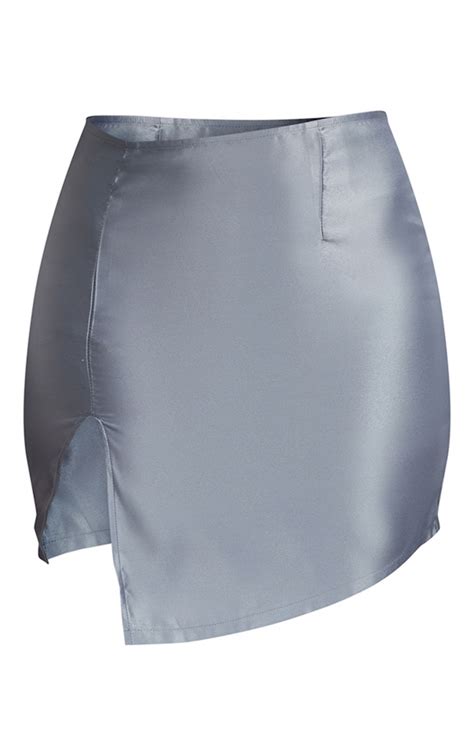Silver Tailored Satin Asymmetric Split Mini Skirt Prettylittlething Ca