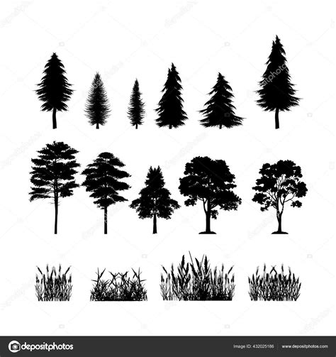 Tree Grass Silhouette Collection Simple Vector Illustration Stock