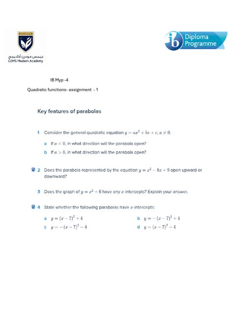 Ib Myp 4 Quadratic Functions Assignment 1 1 Pdf