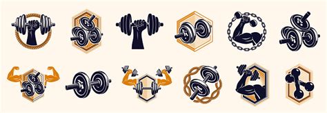 체육관 피트니스 스포츠 엠블럼과 로고 벡터 세트 바벨 아령 케틀벨과 근육 바디 맨 실루엣과 손 운동 운동 스포츠 클럽 활동적인 라이프 스타일 Championship에 대한