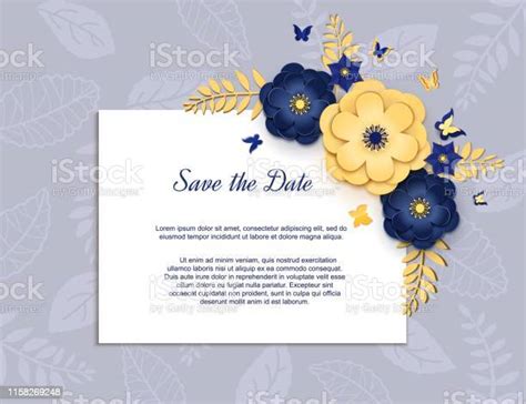 시트에 꽃 구성 종이 컷 디자인 파란색과 금색 색상의 종이 판타지 꽃 장식과 아름다운 배경 템플릿 인사말 전단지 날짜 카드를
