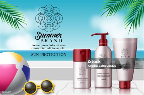 여름 화장품 모형 제품 벡터 템플릿입니다 여름 화장품 병 비치 볼 그늘과 야자수 잎 같은 해변 요소와 스킨 케어 광고 3차원 형태에 대한 스톡 벡터 아트 및 기타 이미지