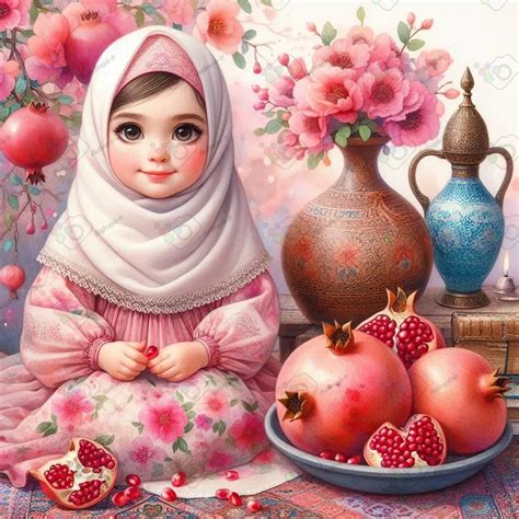 بک گراند کودکانه دختر کوچولوی ناز با حجاب نشسته کنار ظرف انار کد 43250 ویژه عکس گراف عکس گراف