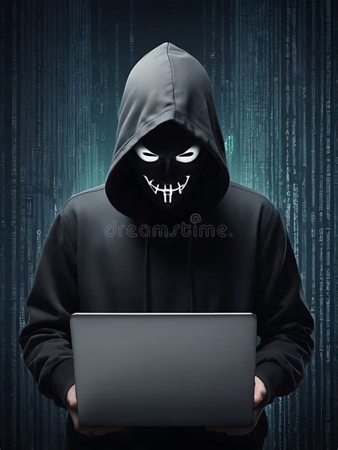 Hacker Wearing The Anonymous Mask And Hoodie On Dark Binary Code