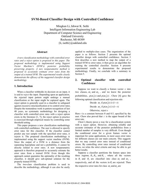 Pdf Svm Based Classifier Design With Controlled Confidence