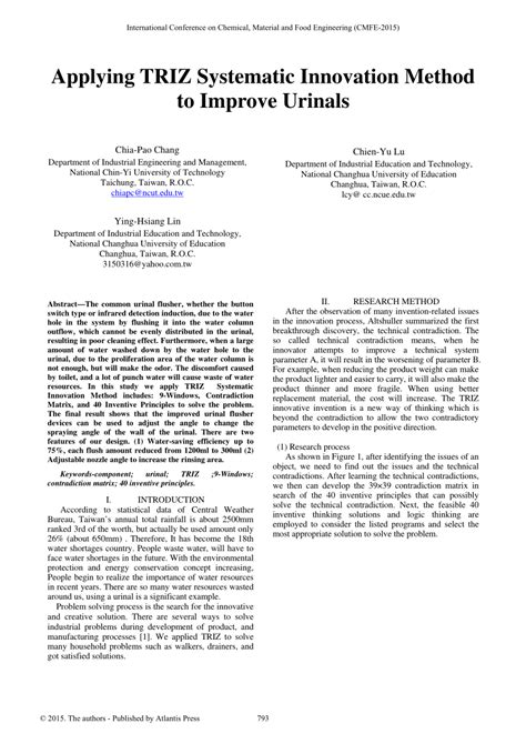 Pdf Applying Triz Systematic Innovation Method To Improve Urinals