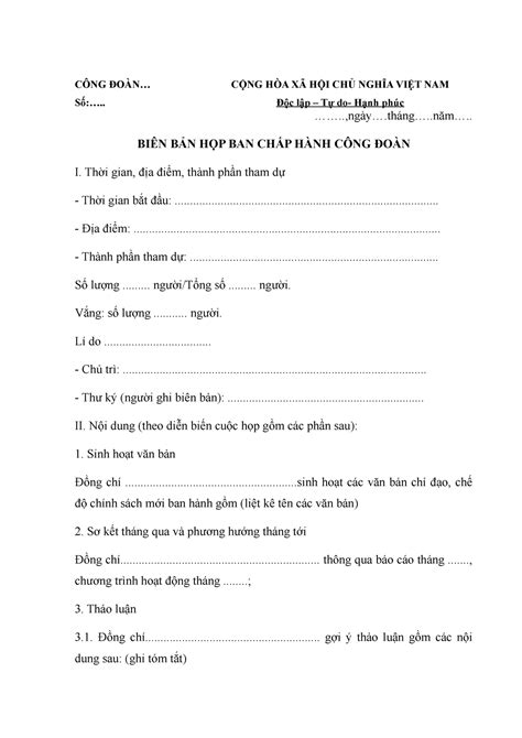Mẫu Biên Bản Họp Ban Chấp Hành Công đoàn CÔng ĐoÀn Số CỘng