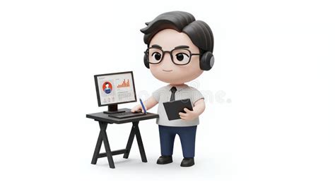 Chibi Korean Machine Learning Engineer 3d Render Data Analysis At Desk